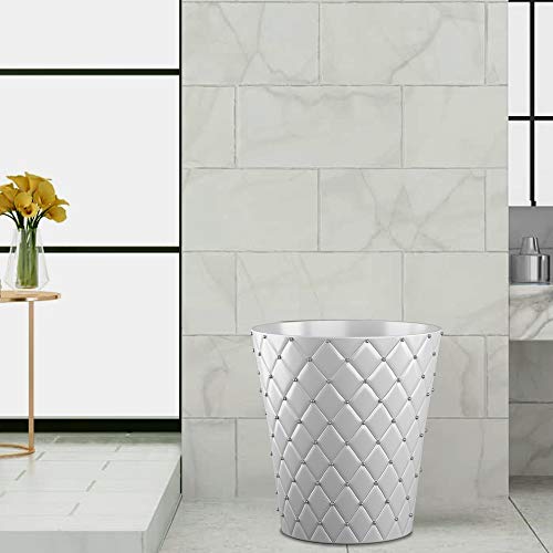 Ceramic Jewel Collection Bathroom Accessories Set for Vanity Countertops 8 Piece Includes Container, Soap Dish,Toothbrush Holder,Tumbler,soap pump,Waste Basket,Tissue Box Holder,Tray-White/Silver