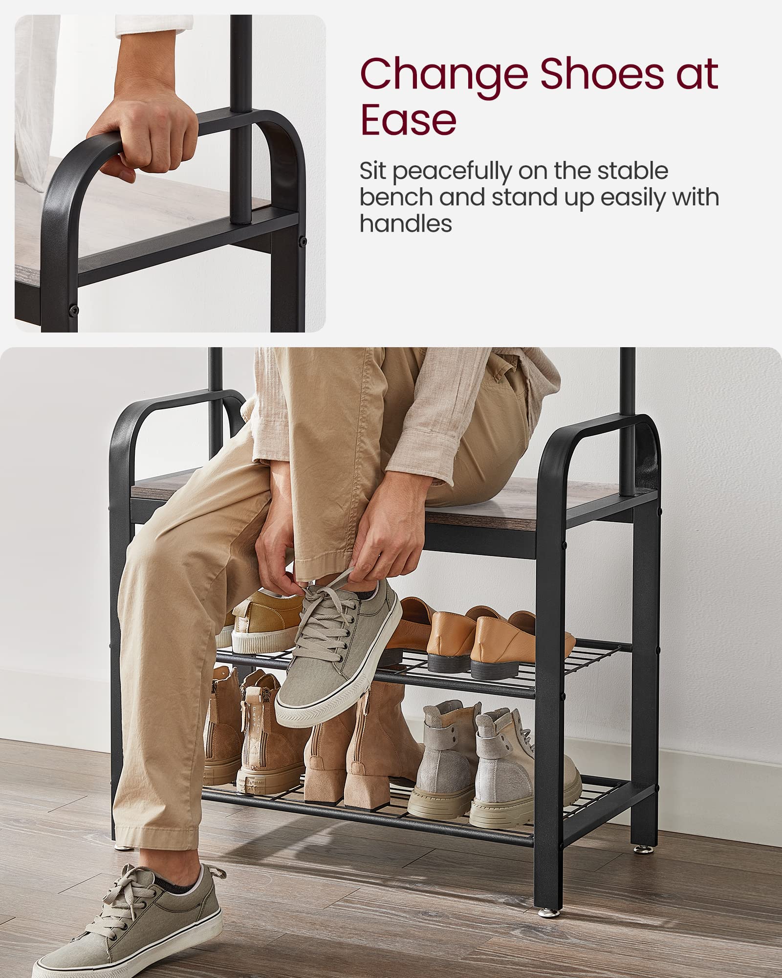 VASAGLE Coat Rack, Hall Tree with Shoe Bench for Entryway, Entryway Bench with Coat Rack, 4-in-1, with 9 Removable Hooks, a Hanging Rod, 13.3 x 28.3 x 72.1 Inches, Greige and Black UHSR40MB