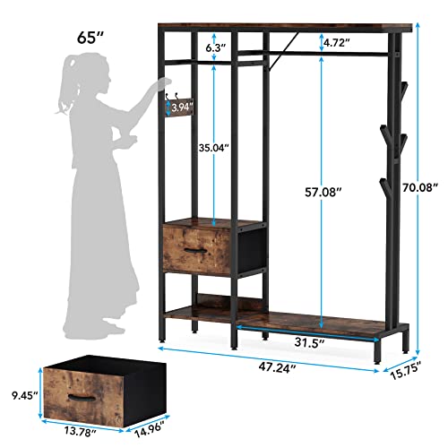 Tribesigns Freestanding Closet Organizer, Clothes Rack with Drawers and Shelves, 6 Hooks, Hanging Rods, Heavy-duty Garment Rack Wardrobe Closet Clothing Storage for Bedroom, Rustic Brown