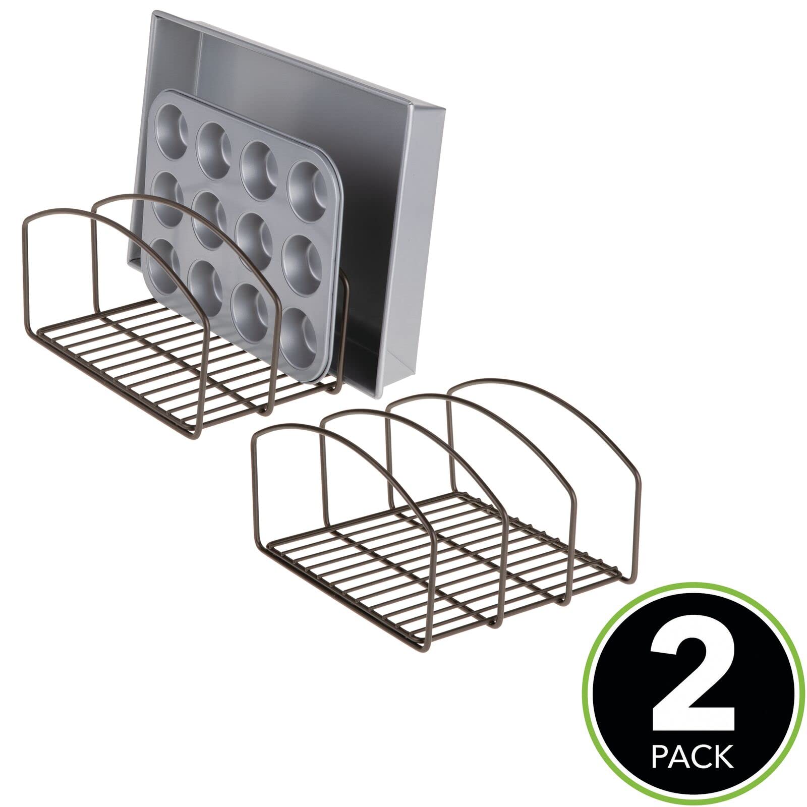 mDesign Steel Cookware Holder, Storage Organizer Rack with Three Slots for Kitchen Cabinet, Pantry, Holds Pans, Pots, Lids, Cookie Sheets, Cutting Boards - Concerto Collection - 2 Pack - Bronze