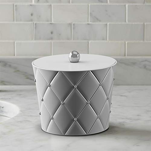 Ceramic Jewel Collection Bathroom Accessories Set for Vanity Countertops 8 Piece Includes Container, Soap Dish,Toothbrush Holder,Tumbler,soap pump,Waste Basket,Tissue Box Holder,Tray-White/Silver