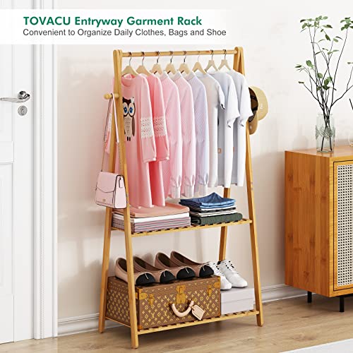 Tovacu Kids Clothing Rack for Hanging Clothes Portable Clothes Rack Wooden Drying Rack Clothing Standing Bamboo Garment Rack with Shelves Laundry Rack for Drying Clothes Indoor