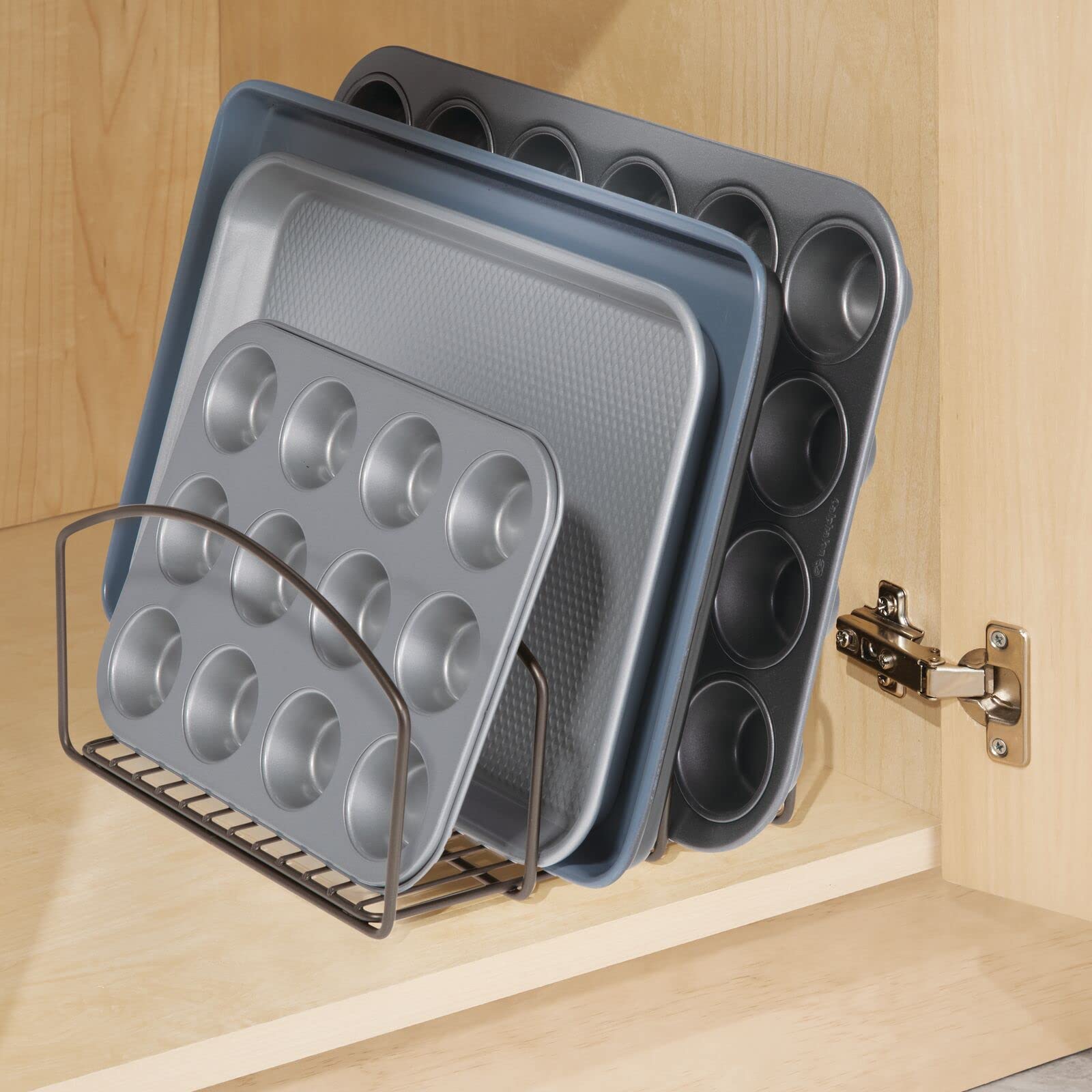 mDesign Steel Cookware Holder, Storage Organizer Rack with Three Slots for Kitchen Cabinet, Pantry, Holds Pans, Pots, Lids, Cookie Sheets, Cutting Boards - Concerto Collection - 2 Pack - Bronze