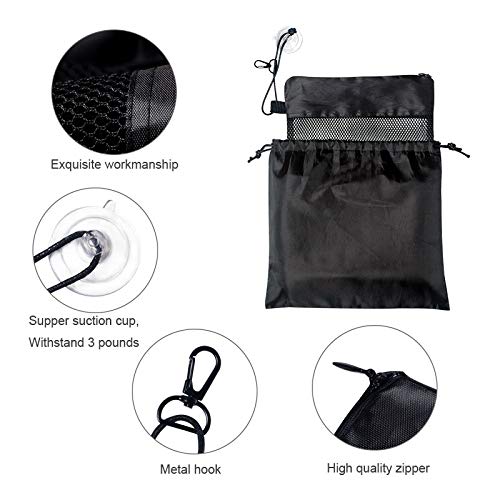 Yihoon Mesh Shower Tote Bag Caddy - Toiletry Dorm Gym Organizer 10.5”L x 9”H with Suction Cup and Zipper Drawstring Pouch 11”L x 10”H (Black, 2 in 1)