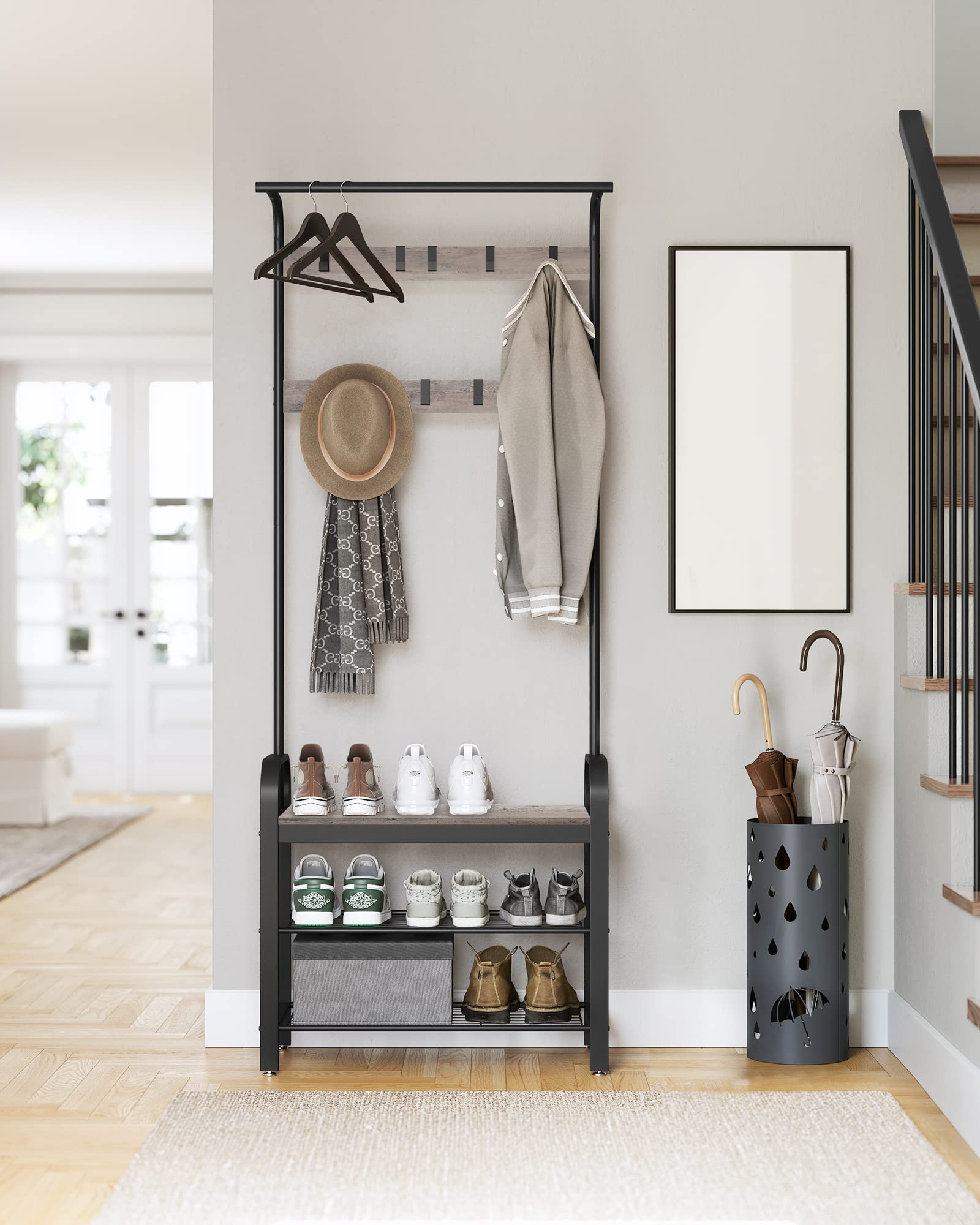 VASAGLE Coat Rack, Hall Tree with Shoe Bench for Entryway, Entryway Bench with Coat Rack, 4-in-1, with 9 Removable Hooks, a Hanging Rod, 13.3 x 28.3 x 72.1 Inches, Greige and Black UHSR40MB