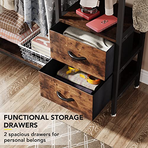 Tribesigns Freestanding Closet Organizer, Clothes Rack with Drawers and Shelves, 6 Hooks, Hanging Rods, Heavy-duty Garment Rack Wardrobe Closet Clothing Storage for Bedroom, Rustic Brown