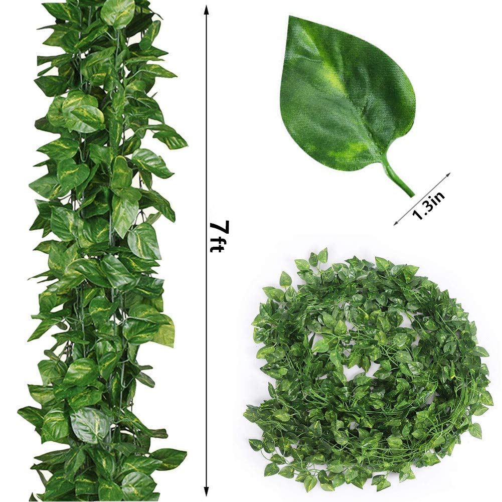 ZWYOQI 84 feet Artificial Vines Greenery Garland Fake Hanging Leaves Faux Foliage Plants for Wedding Party Garden Home Kitchen Office Wall Decorations (Scindapsus/12 Strands)