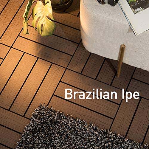 PANDAHOME 22 PCS Wood Plastic Composite Patio Deck Tiles, 12”x12” Interlocking Decking Tiles, Water Resistant for Indoor & Outdoor, 22 sq. ft - Brazilian Ipe