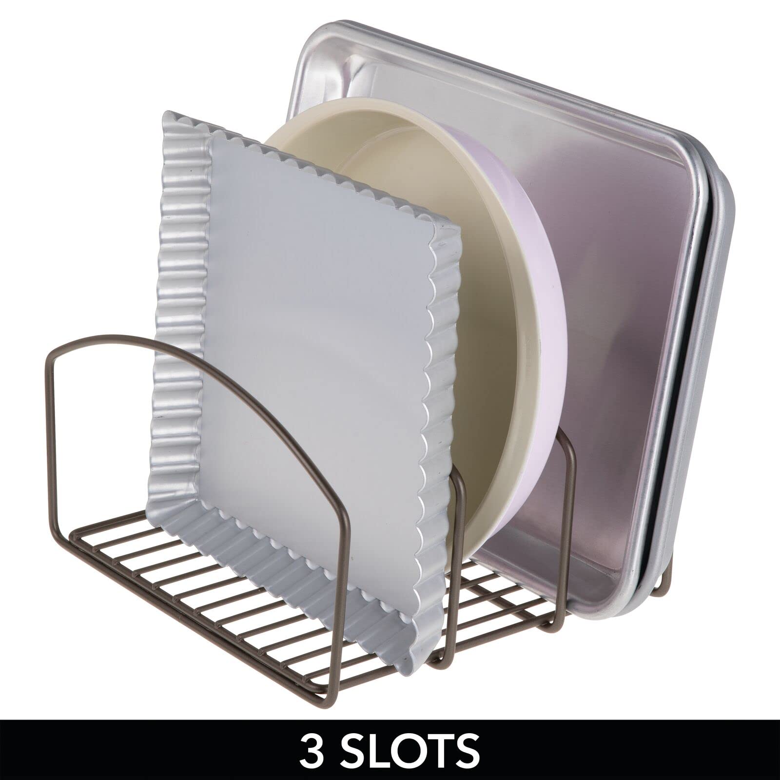 mDesign Steel Cookware Holder, Storage Organizer Rack with Three Slots for Kitchen Cabinet, Pantry, Holds Pans, Pots, Lids, Cookie Sheets, Cutting Boards - Concerto Collection - 2 Pack - Bronze