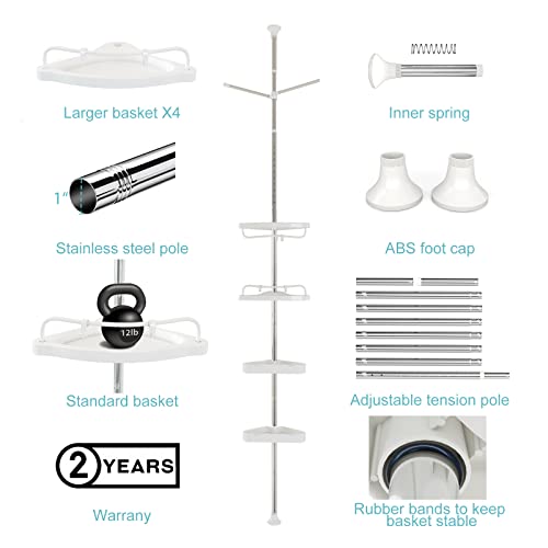 DAKEPOLE Rustproof Tension Shower Caddy, Stainless Steel Corner Stand Storage Organizer with Tension Pole for Bathroom Bathtub Shampoo Soap Plants, 4-Tier Adjustable Shelves,54 to 125 Inch