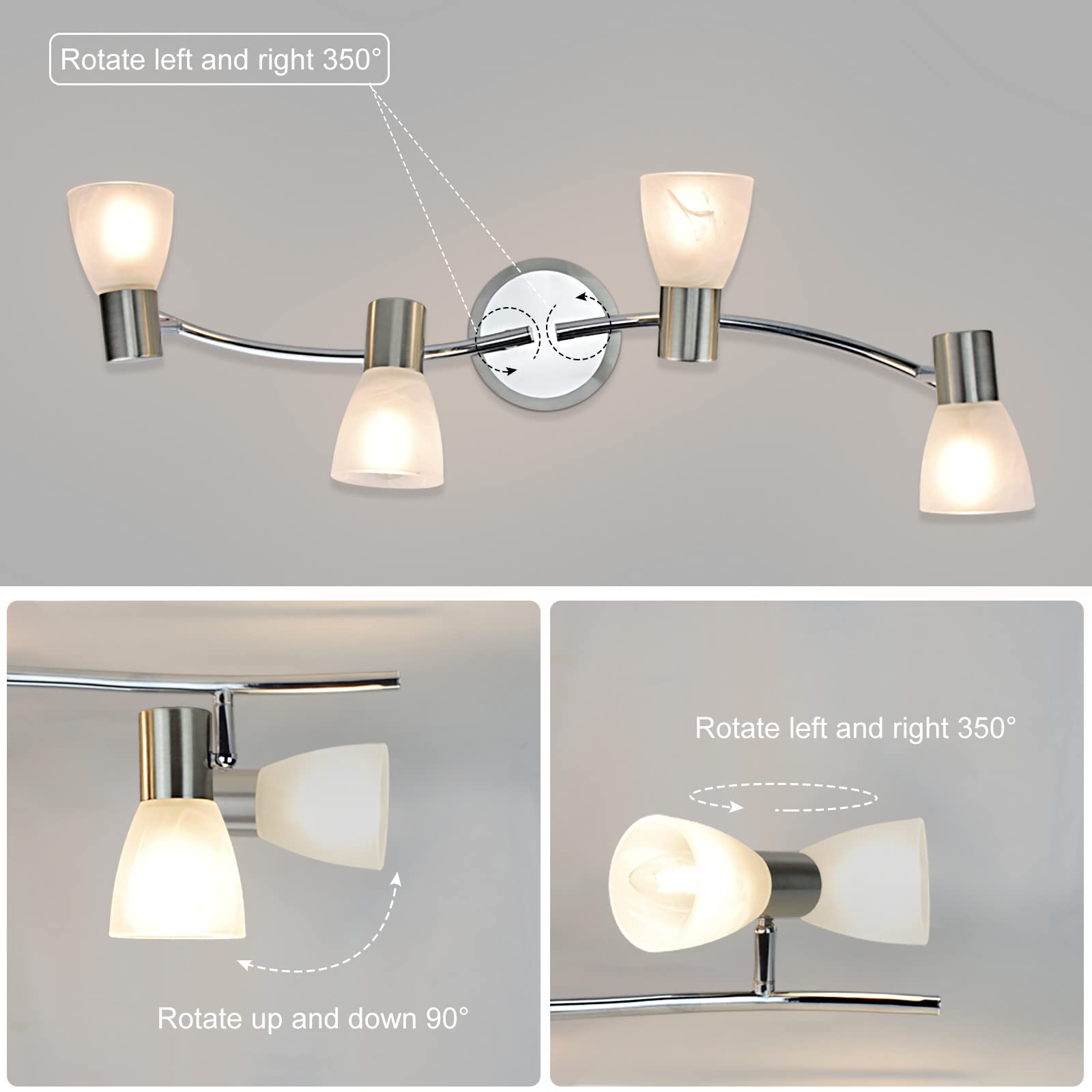 DLLT Led Track Light, 4-Light Foldable Spot Lights Fixtures with Glass Shade, Wall Accent S-Shaped Tracking Ceiling Lighting for Kitchen, Office, Bedroom, Hallway, E12 Base, Bulbs Not Included
