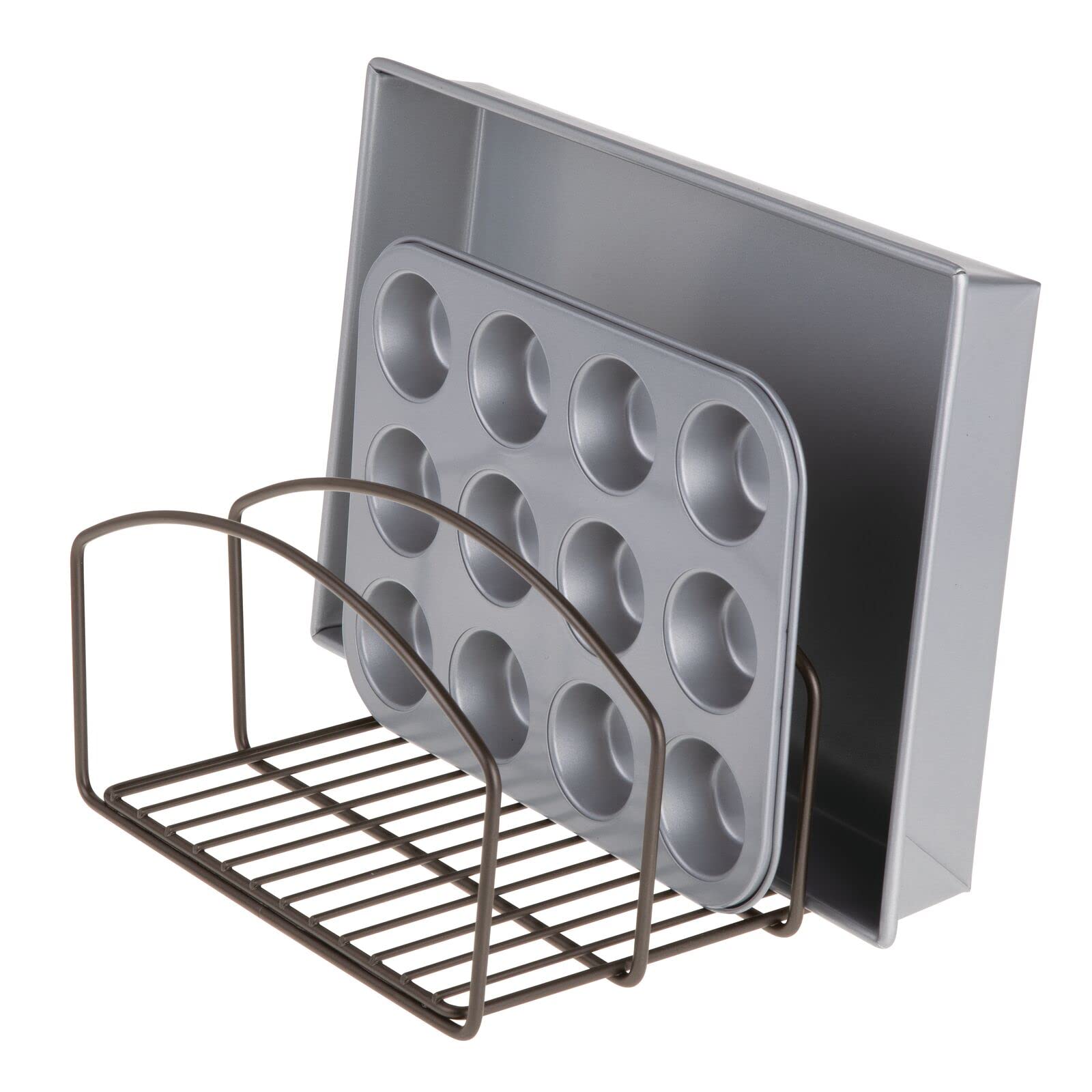 mDesign Steel Cookware Holder, Storage Organizer Rack with Three Slots for Kitchen Cabinet, Pantry, Holds Pans, Pots, Lids, Cookie Sheets, Cutting Boards - Concerto Collection - 2 Pack - Bronze