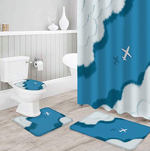 Crystal Emotion 4 Pcs Bathroom Shower Curtains Sets with Rugs, Ocean Sky Cloud, Luxury Toilet Lid Cover, Bath Mat,Waterproof Fabric Shower Curtain with 12 Hooks for Hotel/Bathroom Airplane