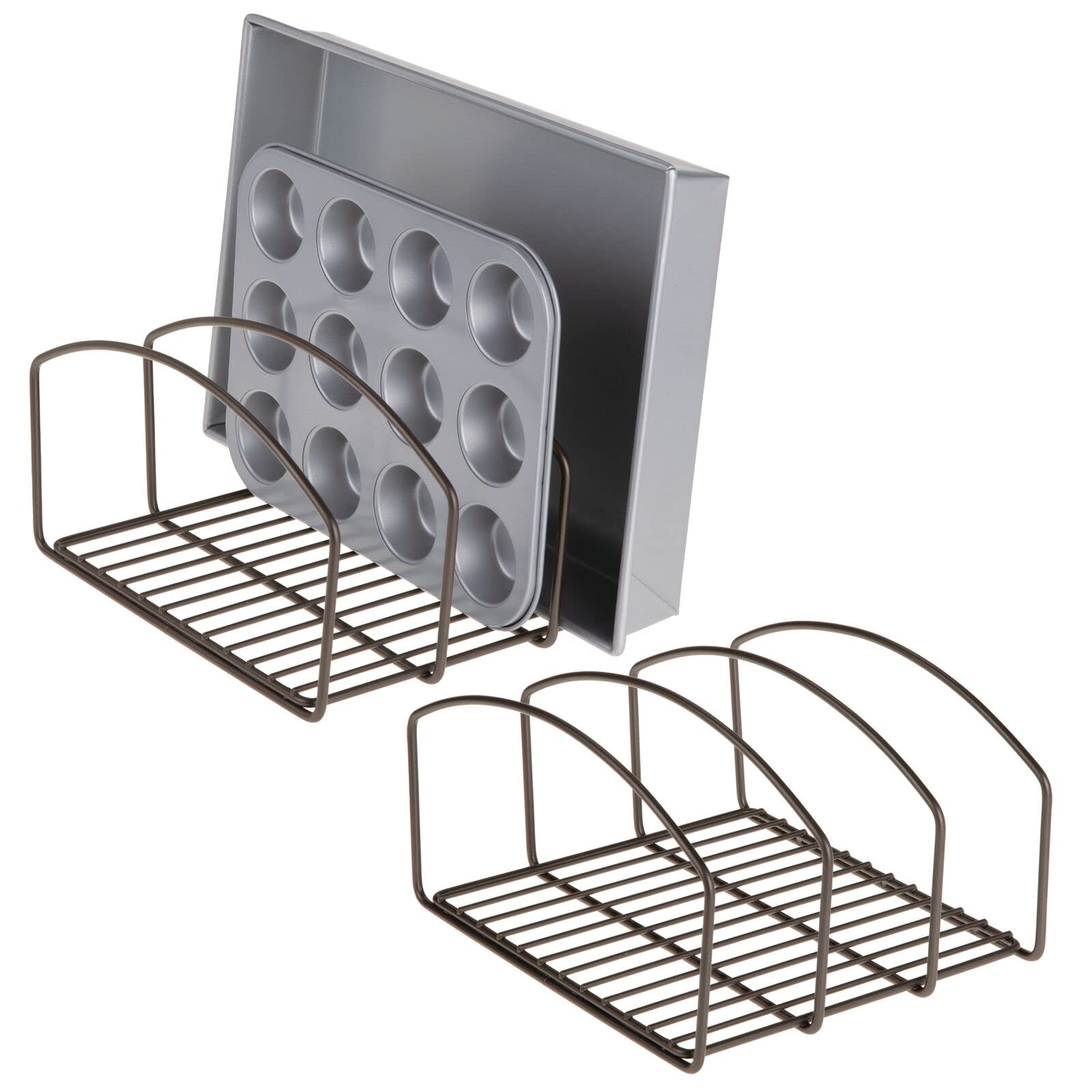 mDesign Steel Cookware Holder, Storage Organizer Rack with Three Slots for Kitchen Cabinet, Pantry, Holds Pans, Pots, Lids, Cookie Sheets, Cutting Boards - Concerto Collection - 2 Pack - Bronze