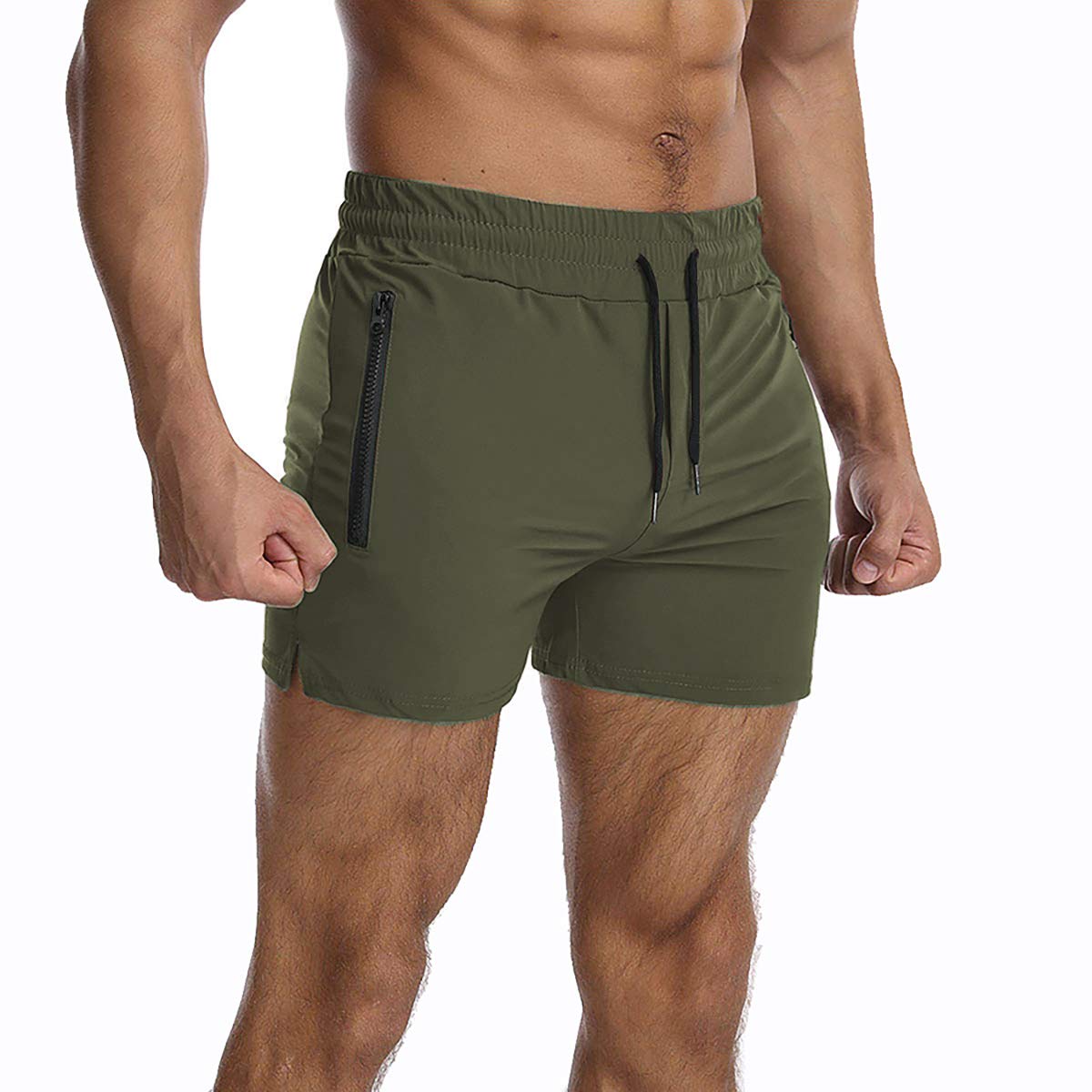 EVERWORTH Men's Bodybuilding Gym Shorts Lightweight Workout Running Short Fitted Quick Dry Lifting Shorts with Zipper Pockets Green XL