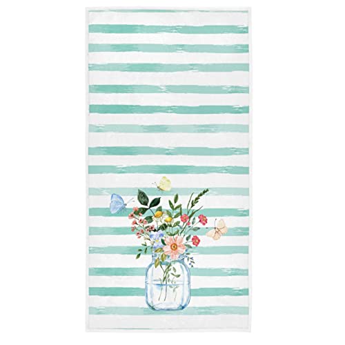 Seasonal Spring Flower Vase Hand Towels 16x30 in Welcome Spring Floral Butterflies Farmhouse Bathroom Towel Watercolor Stripes Small Bath Towel Kitchen Dish Guest Towel Home Bathroom Decorations
