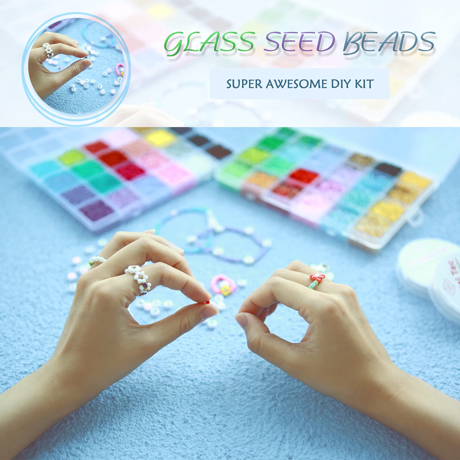 GREENTIME 3MM Bracelet Beads Kit for Bracelets Making, 35000pcs Seed Beads Small Glass Beads 8/0 Rainbow Beads Set with Letter Beads Elastic String Charms for Crafts (48 Colors)
