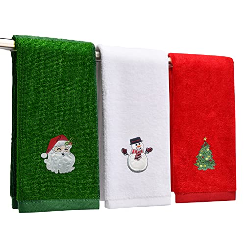 Afaris Christmas Hand Towels 16 x 25 Inch, Pure Cotton Soft Towels for Drying & Cleaning, Xmas Claus Snowman Trees for Bathroom Kitchen Wash Basin,Holiday Home Decor Set of 3(Red, White,Green)