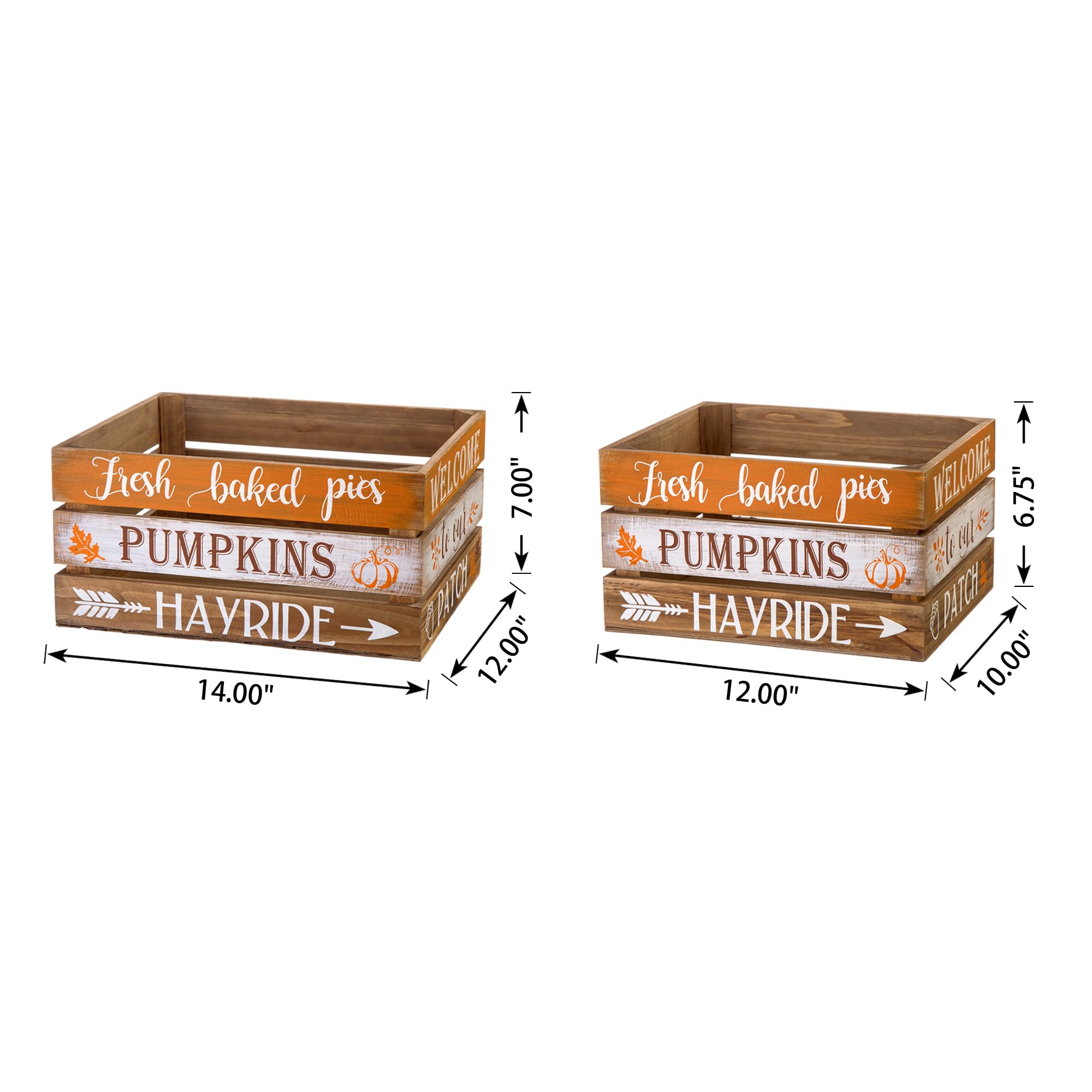 Glitzhome Fall Harvest Wooden Crates, Rustic Nesting Wooden Crates Set of 2, Fall Decorative Storage Gift Wood Crates for Display, Farmhouse Wooden Storage Boxes for Autumn Harvest