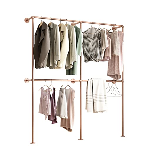 BOSURU Industrial Pipe Clothing Rack Wall Mounted,Clothes Racks with Double Hanging Rods for Closet Storage(Rose Gold)