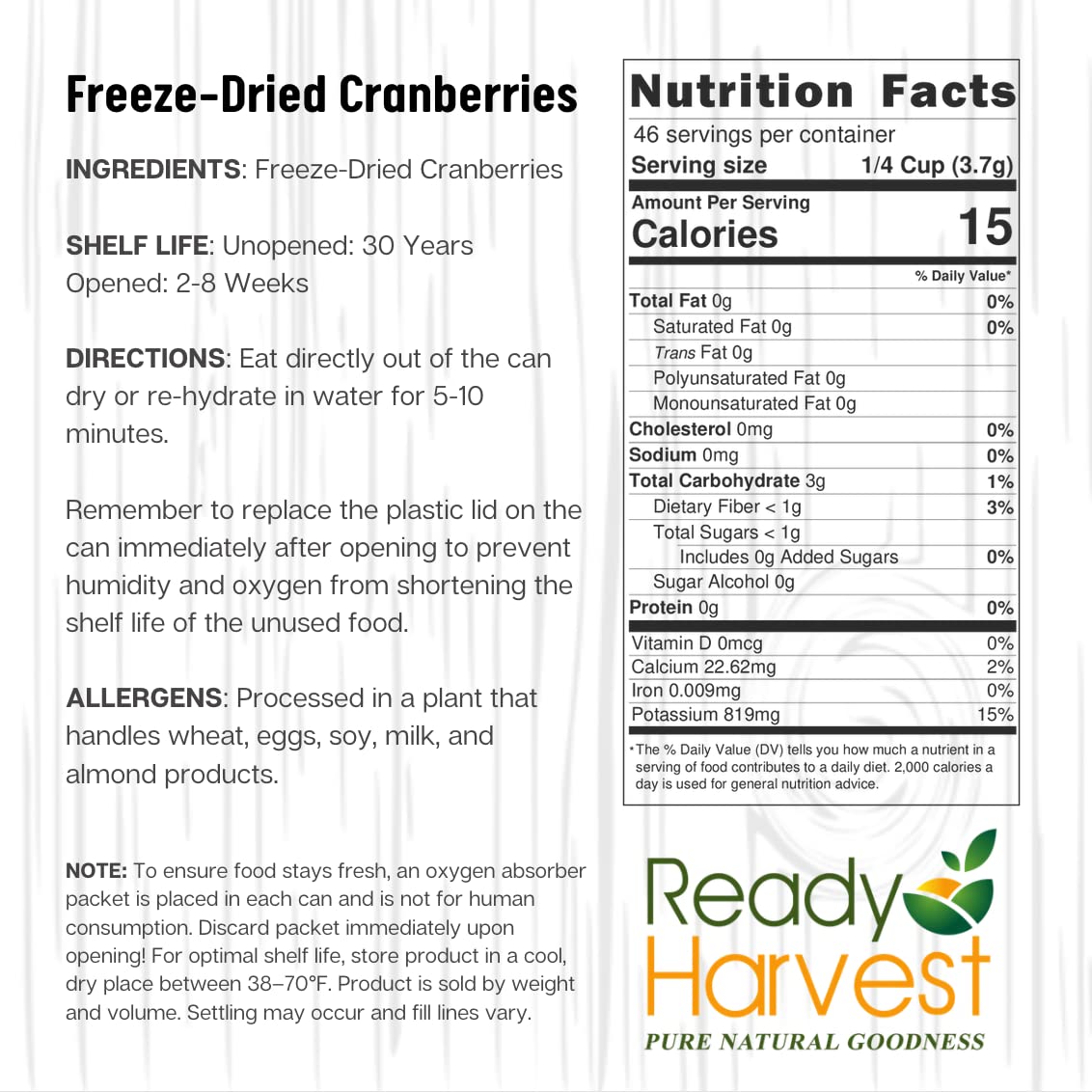Ready Harvest Cranberries Dried Fruit Freeze-dried Fruit, Unsweetened, Freeze-dried Food Pantry Staples Survival Food, Bug Out Bag Backpack, Camping Essentials, #10 Can | 25-year shelf life 170g