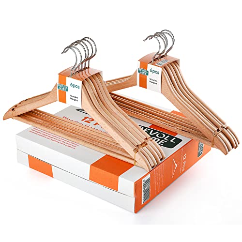 Bevoll Home Solid Wood Hanger with 12 Pack Set, Natural Finishing, Exclusive Wooden Suit and Clothes Hanger, Durable and Strong 360 Degree Metal Hook, Designed for A Modern Home.