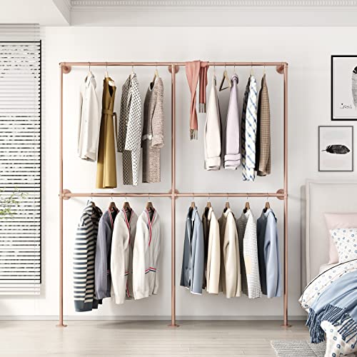 BOSURU Industrial Pipe Clothing Rack Wall Mounted,Clothes Racks with Double Hanging Rods for Closet Storage(Rose Gold)