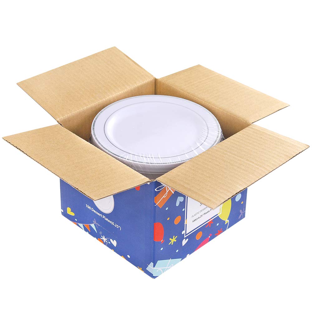 bUCLA 100Pieces Silver Plastic Plates -6.25inch Disposable Salad/Dessert Plates- White with Silver Rim Premium Hard Plastic Appetizer Plates/Small Cake Plates for Weddings,Parties&Christmas