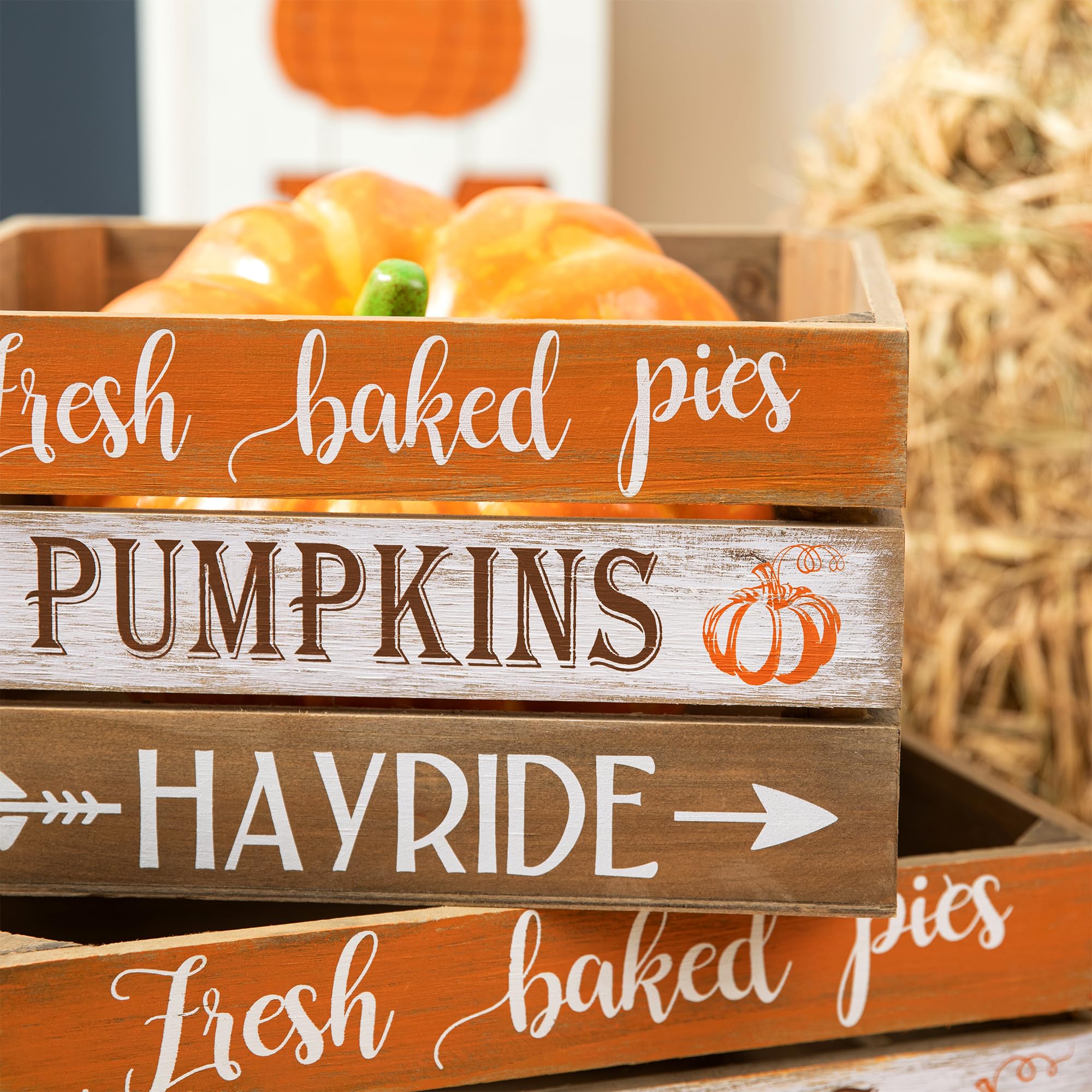 Glitzhome Fall Harvest Wooden Crates, Rustic Nesting Wooden Crates Set of 2, Fall Decorative Storage Gift Wood Crates for Display, Farmhouse Wooden Storage Boxes for Autumn Harvest