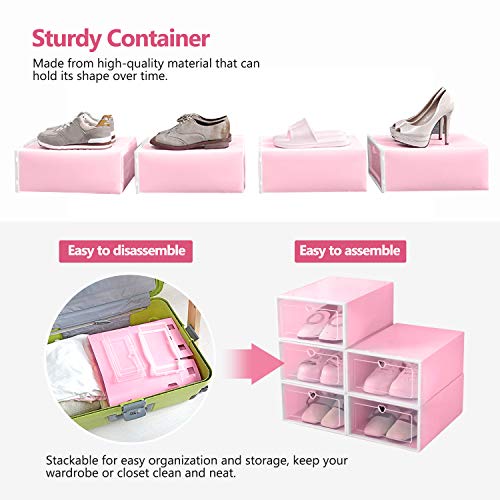 12 Pack Stackable Shoe Boxes Plastic Storage Bins, Sneaker Container with Clear Lids, Closet Organizer by Hommtina (Pink)