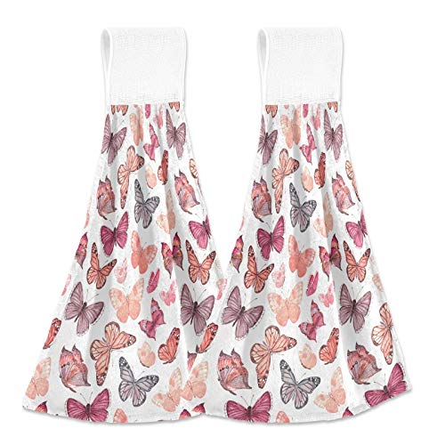 Summer Pink Butterflies Kitchen Towels,Colorful Flying Animals Absorbent Tie Hand Hanging Towel with Loop 2 PCS Kitchen Linen Sets for Bathroom Restroom Home Decor