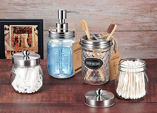 4 Pcs & 4 Pcs Brushed Nickel Mason Jar Bathroom Accessories Set- Lotion Soap Dispenser*2, Regular mouth Qtip Holder Set*2,Wide Mouth Cotton Swab Holder*2,Toothbrush Holder*2,Rustic Farmhouse Decor