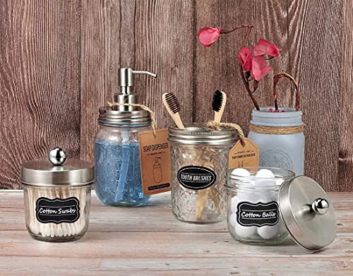 4 Pcs & 4 Pcs Brushed Nickel Mason Jar Bathroom Accessories Set- Lotion Soap Dispenser*2, Regular mouth Qtip Holder Set*2,Wide Mouth Cotton Swab Holder*2,Toothbrush Holder*2,Rustic Farmhouse Decor