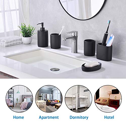 ZEXZEN Bathroom Accessories Set 5 Piece, Matte Black Bathroom Sets Accessories with Soap Dispenser,Toothbrush Holder,Soap Dish,Tumbler Cup,Resin Bathroom Gift Set (Matte Black)