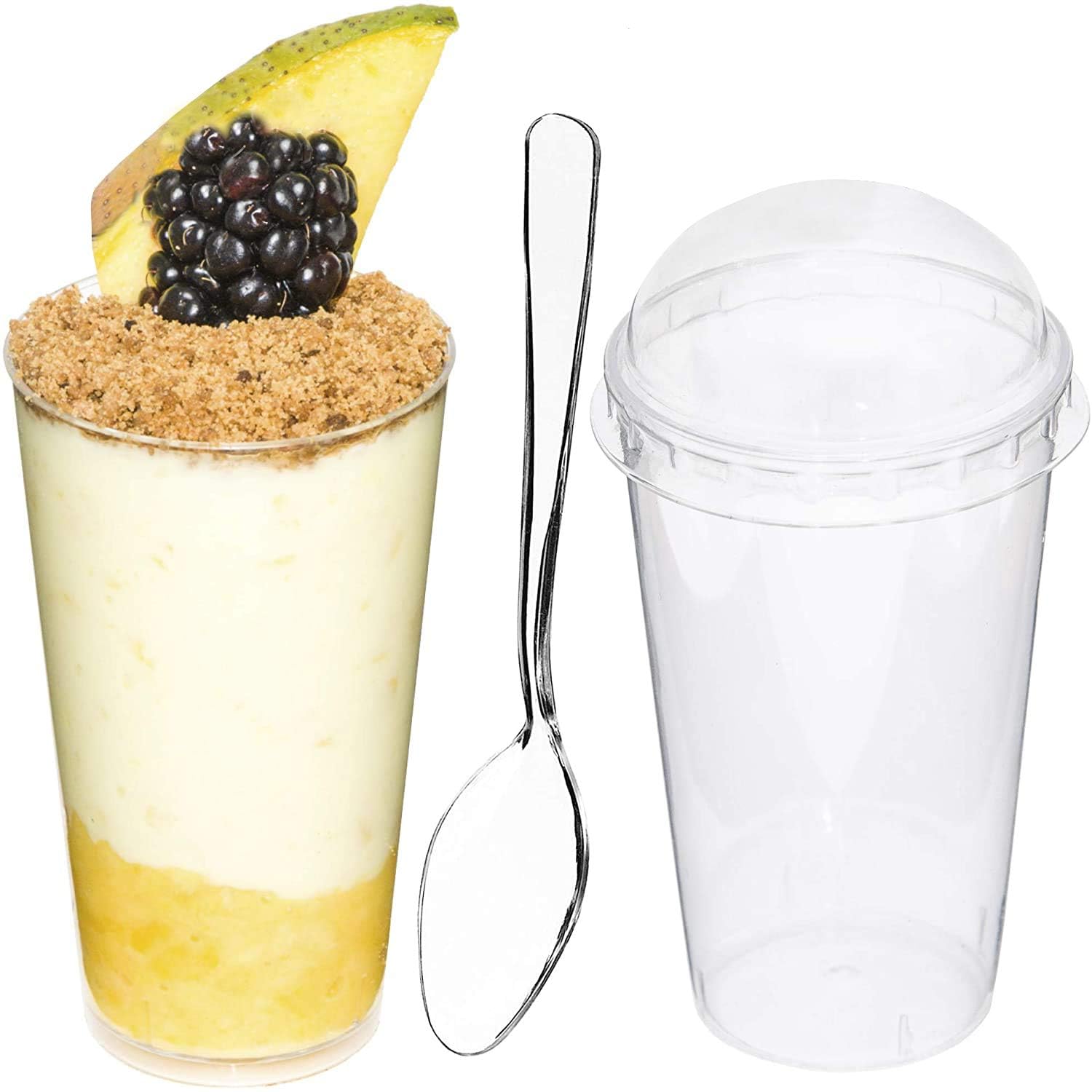 DLux 50 x 3oz Mini Dessert Cups with Lids & Spoons, Shooter - Clear Plastic Parfait Appetizer Cup - Small Reusable Cups for Tasting Party Desserts Appetizers - With Recipe Ebook