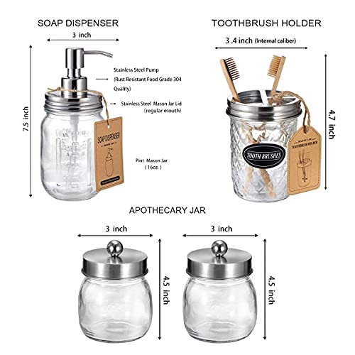 4 Pcs & 4 Pcs Brushed Nickel Mason Jar Bathroom Accessories Set- Lotion Soap Dispenser*2, Regular mouth Qtip Holder Set*2,Wide Mouth Cotton Swab Holder*2,Toothbrush Holder*2,Rustic Farmhouse Decor