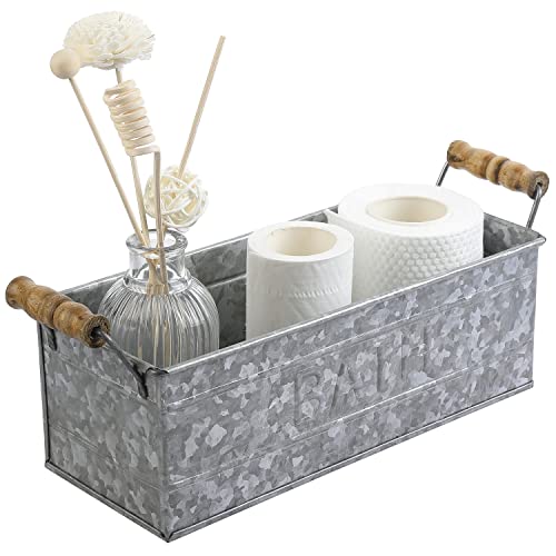 MyGift Galvanized Metal Rectangular Storage Basket with Wooden Handles, Bathroom Toiletries Holder, Organizer Bin with Embossed Bath Label - Handcrafted in India