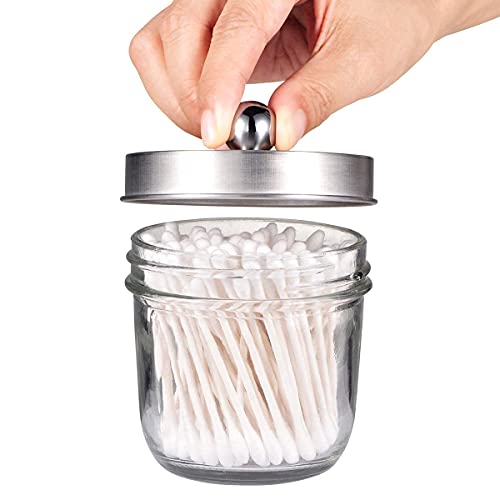 4 Pcs & 4 Pcs Brushed Nickel Mason Jar Bathroom Accessories Set- Lotion Soap Dispenser*2, Regular mouth Qtip Holder Set*2,Wide Mouth Cotton Swab Holder*2,Toothbrush Holder*2,Rustic Farmhouse Decor