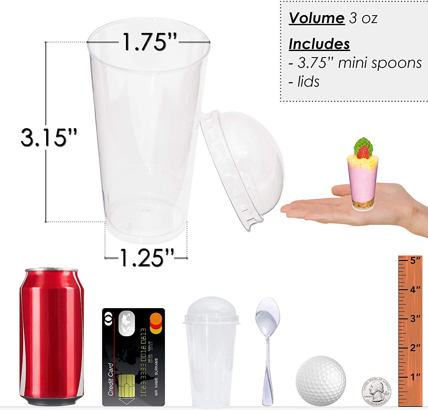 DLux 50 x 3oz Mini Dessert Cups with Lids & Spoons, Shooter - Clear Plastic Parfait Appetizer Cup - Small Reusable Cups for Tasting Party Desserts Appetizers - With Recipe Ebook