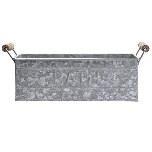 MyGift Galvanized Metal Rectangular Storage Basket with Wooden Handles, Bathroom Toiletries Holder, Organizer Bin with Embossed Bath Label - Handcrafted in India