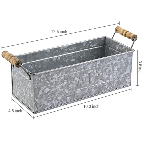 MyGift Galvanized Metal Rectangular Storage Basket with Wooden Handles, Bathroom Toiletries Holder, Organizer Bin with Embossed Bath Label - Handcrafted in India