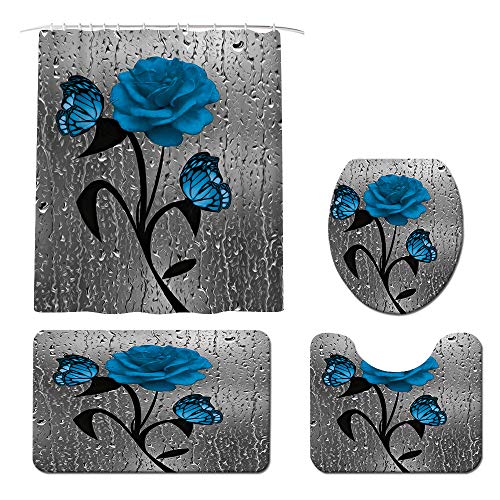 HOOHAA Rose Flower with Butterfly Shower Curtain Sets with Rugs, Toilet Lid Cover and Bath Mat Simple Floral Pattern Modern Bathroom Home Decor Pack of 4 (Blue)