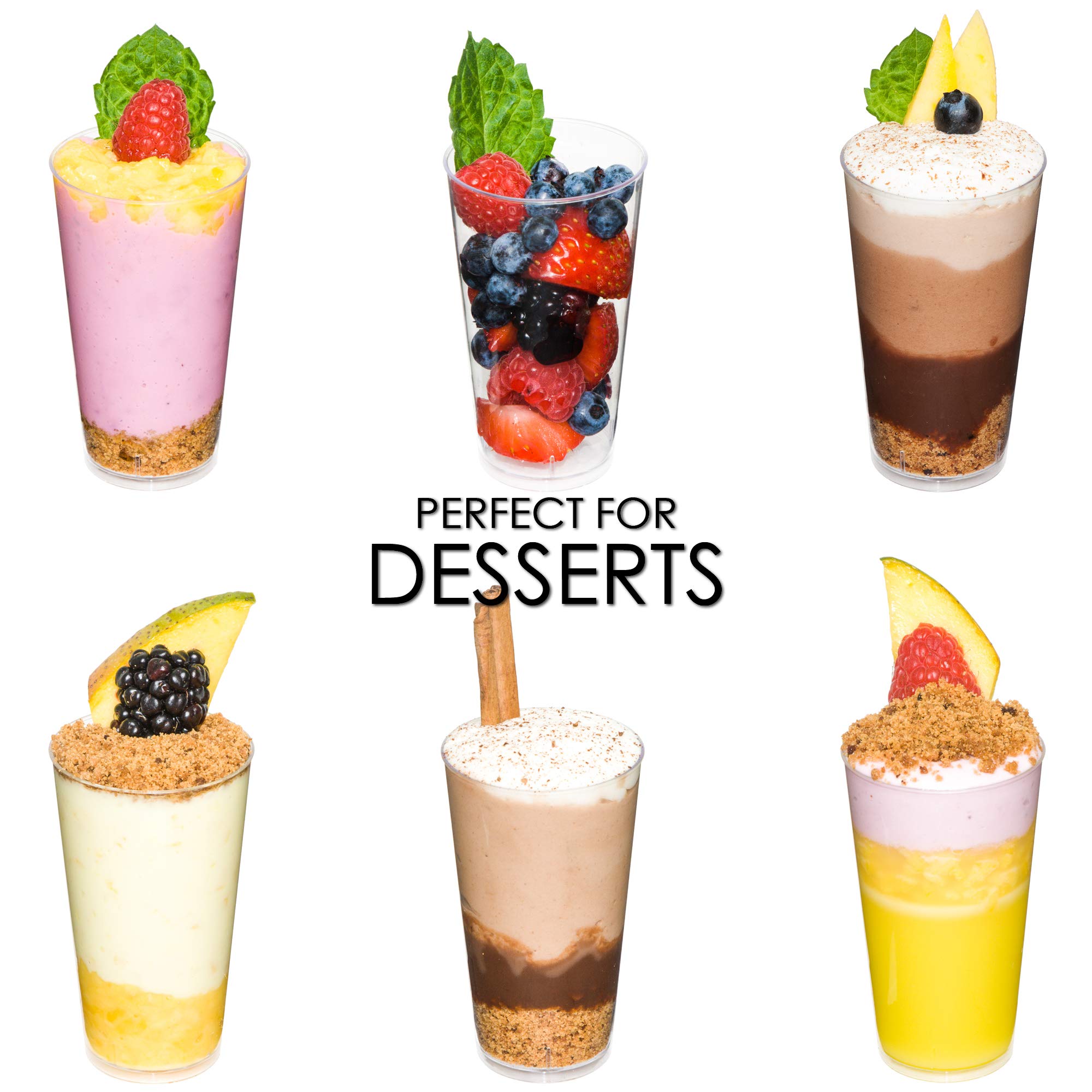 DLux 50 x 3oz Mini Dessert Cups with Lids & Spoons, Shooter - Clear Plastic Parfait Appetizer Cup - Small Reusable Cups for Tasting Party Desserts Appetizers - With Recipe Ebook