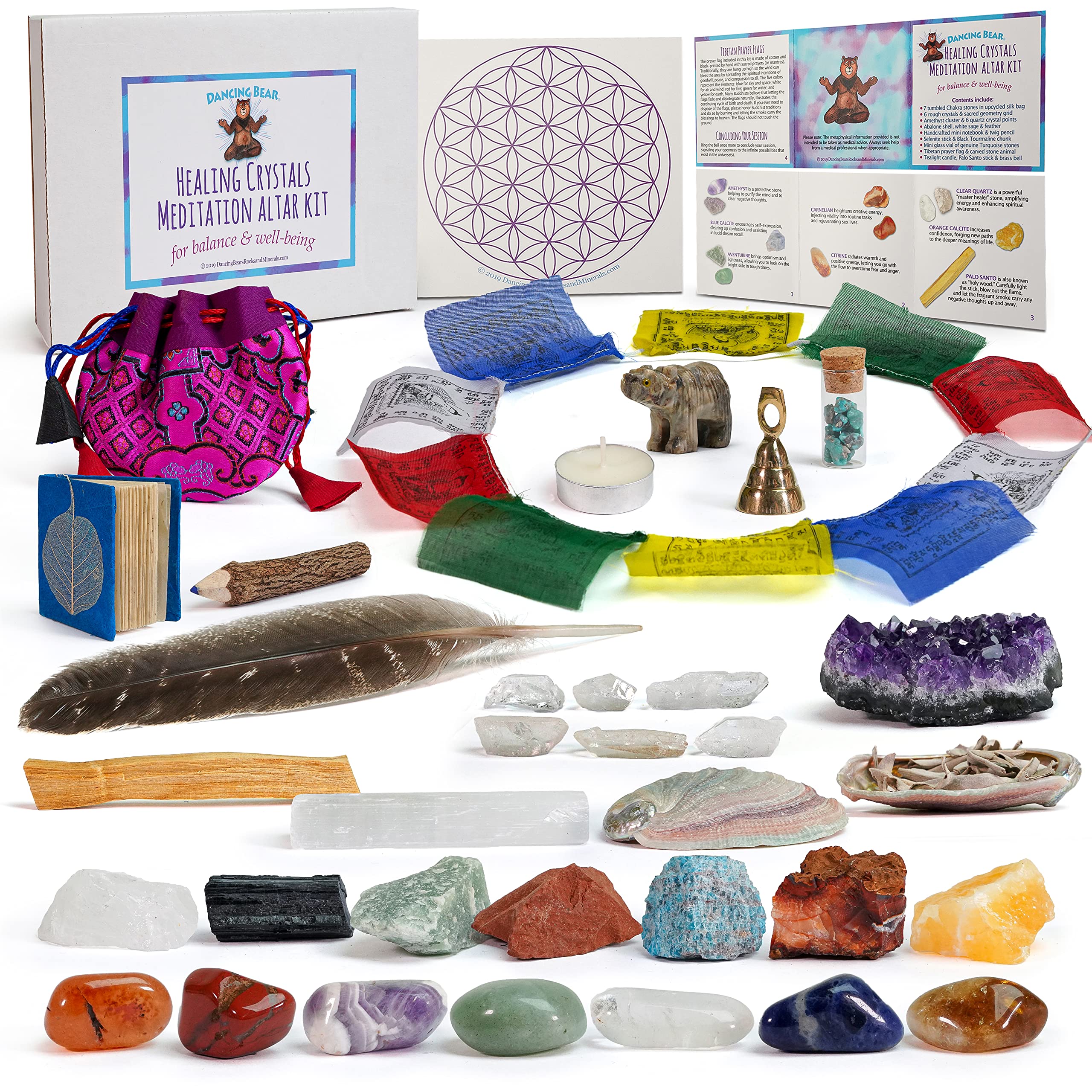 DANCING BEAR Deluxe Healing Crystals (35 Pc Set) Altar & Meditation Kit, Chakra Balance Stones, Abalone Shell & Sage, Smudge Feather, Real Turquoise, Spirit Animal, Bell, Prayer Flag, Made in USA