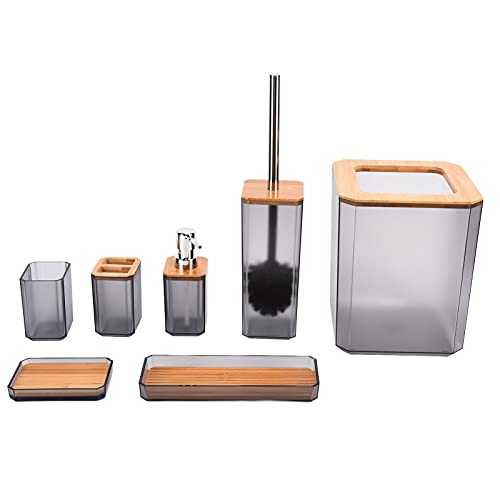 FIYO 7 Pcs Bamboo Bathroom Accessories Set, Bath Accessories Set with Soap Dish, Toothbrush Holder, Cup, Soap Dispenser, Trash Bin, Toilet Brush with Holder for Home Hotel(Grey)