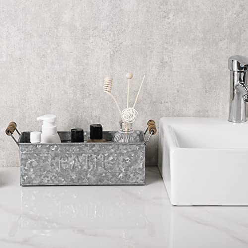 MyGift Galvanized Metal Rectangular Storage Basket with Wooden Handles, Bathroom Toiletries Holder, Organizer Bin with Embossed Bath Label - Handcrafted in India