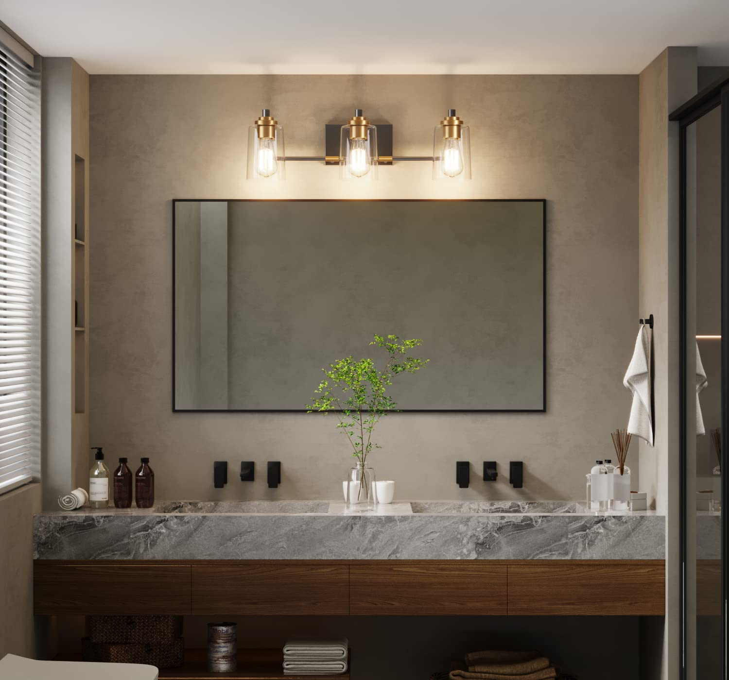 SOLFART Bathroom Light Fixtures 3-Light Vintage Bathroom Vanity Light Over Mirror Wall Sconces in Black Brass Vanity Lights for Bathroom(Brass)