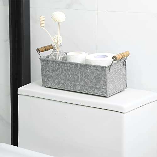 MyGift Galvanized Metal Rectangular Storage Basket with Wooden Handles, Bathroom Toiletries Holder, Organizer Bin with Embossed Bath Label - Handcrafted in India