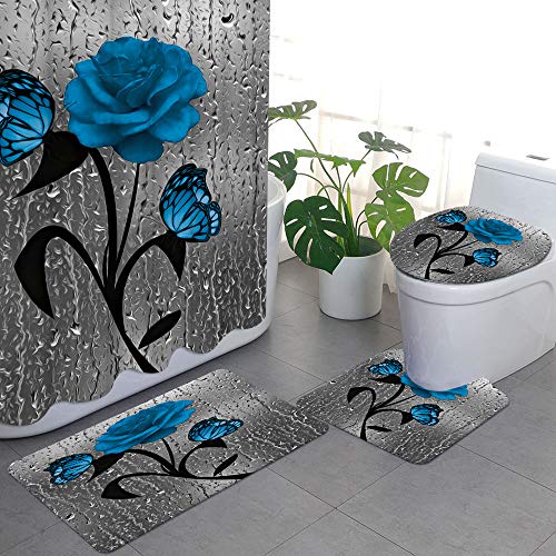 HOOHAA Rose Flower with Butterfly Shower Curtain Sets with Rugs, Toilet Lid Cover and Bath Mat Simple Floral Pattern Modern Bathroom Home Decor Pack of 4 (Blue)