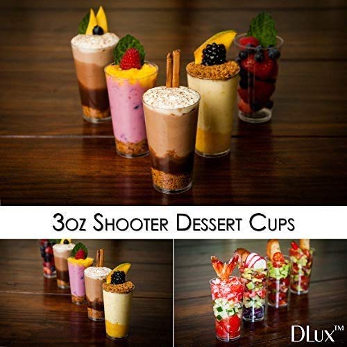 DLux 50 x 3oz Mini Dessert Cups with Lids & Spoons, Shooter - Clear Plastic Parfait Appetizer Cup - Small Reusable Cups for Tasting Party Desserts Appetizers - With Recipe Ebook